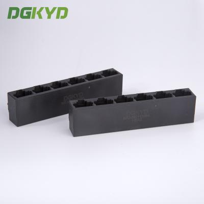 China PBT Black Housing 6-Port RJ45 Ethernet Connector with Side Entry Design - 0.35mm Gold Plated Contacts for sale