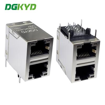 China RJ45 Modular Connector with Integrated Magnetics - 100Mbps 8P7C Double Port 2X1 Configuration Gold 6μ Plating for sale