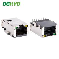 China RJ45 Network Port with Transformer - 8 Terminal 11 Position Right Angle PCB Mount Connector with Gold 6μ Plating for sale