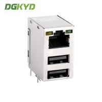China RJ45 Connector with Dual USB 2.0 Sockets, 8-Position Stacked Port, Metal Shield for Industrial Networking for sale