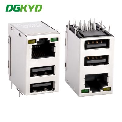 China RJ45 Connector with Dual USB 2.0 Sockets, 8-Position Stacked Port, Metal Shield for Industrial Networking for sale