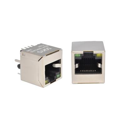China 180 Degree 8P8C RJ45 Connector with Green/Yellow LED for PCB Mount - 10G BASE-T Speed, Shielded Design for sale