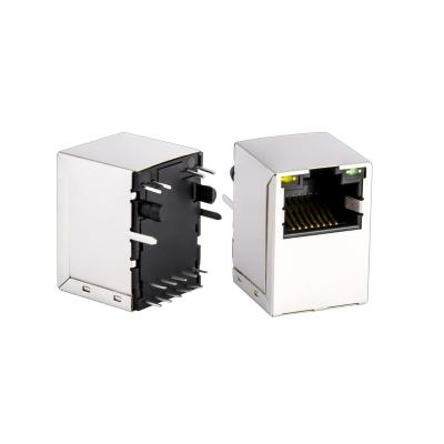 China Industrial Gigabit RJ45 Connector 1 Port with LED 180° Vertical Plug - Gold 6μ Plating & UL 94V-0 Rated for sale