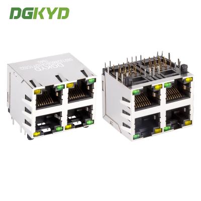 China Metal Shielded 2X2 4 Port RJ45 Ethernet Socket with LED Yellow Green 8P8C Through Hole for sale
