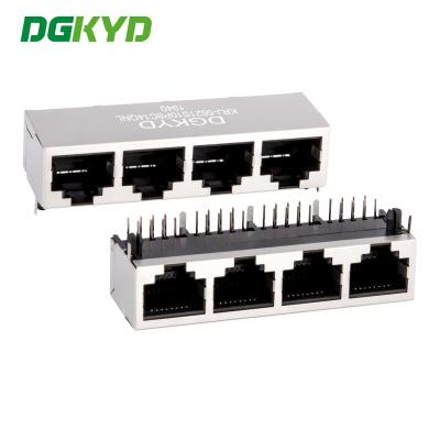 China 1x4 Right Angle Tab Down Shield RJ45 Connector Quad Port Ethernet Jack 8P10C Through Hole for sale