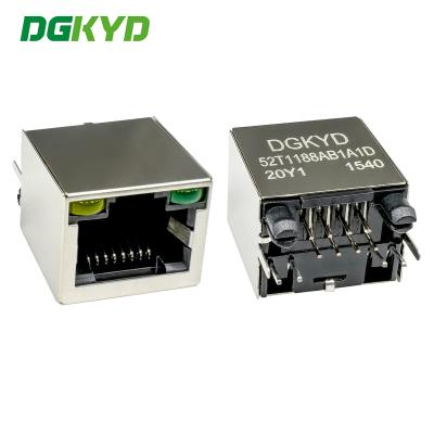 China RJ45 Vertical Network Socket 8P8C Shielded Industrial Jack with LED 1x1 Port Through Hole for sale