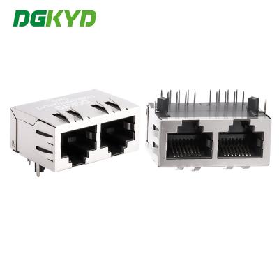 China RJ45 Dual Port Connector Without Filter Shielded 8P8C Right Angle Gold 6u DGKYD112B035HWA1D13 for sale