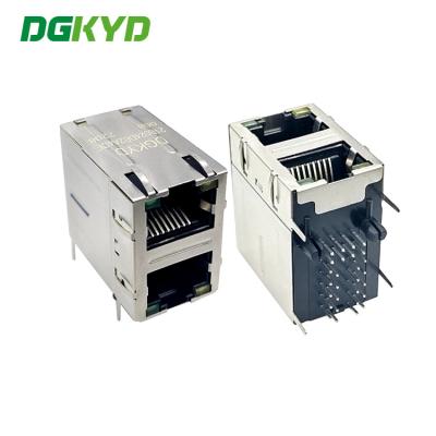 China Shielded Right Angle RJ45 2×1 Multiport Connector with LED - 10P8C PCB Mount 100 Ohm Impedance for sale