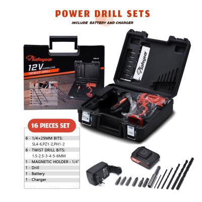 China 12V 16Pcs Cordless Drill Set 1500mAh Li-Ion Power Tool with 10mm Chuck 18Nm Torque for sale