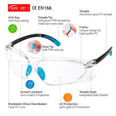 China SG003 Safety Glasses ANSI Z87 Scratch Resistant Anti UV PC Lens TPR Nose for sale