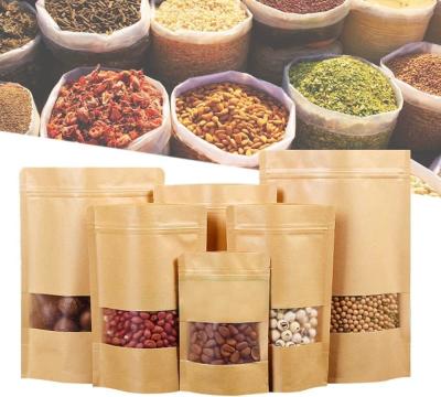 China Eco-Friendly Brown Kraft Food Paper Bag with Window Zip Lock Packaging of Different Sizes Plastic Bags for sale