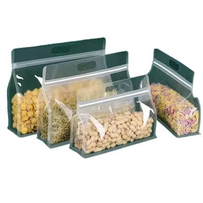 China Cheap Reusable Stand up Ziplock Square Bottom Mylar Clear Hand Hole Food Packaging Plastic Bags  for Storage for sale
