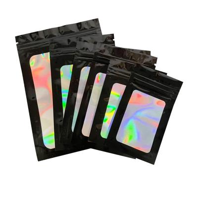 China Custom Print Hologram Zipper Bag Resealable Smell Proof Holographic Sachet Packaging Pouch Mini Ziplock Bag with Clear Window for sale