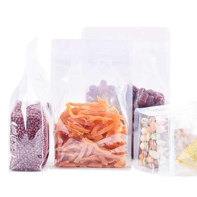 China Custom Eight Side Seal Gusseted Flat Bottom Snack Food Packaging Bags with Zip Lock Zipper Plastic Custom for sale