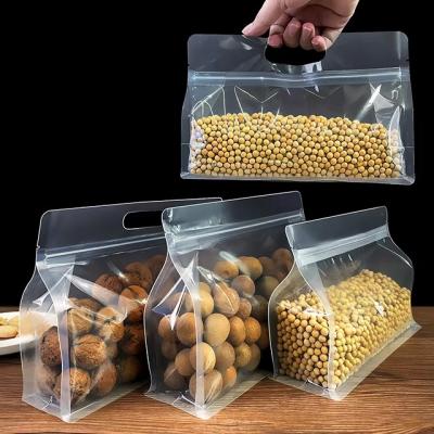 China Flat Bottom Pouch Transparent 8-Side Zipper Bag Clear Matt Food Packaging Rectangle Plastic Bags with Handle for sale