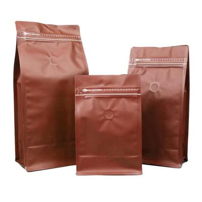 China Brown Coffee Bag Plastic Packaging Biodegradable Resealable Bolsas De Cafe Flat Bottom Stand up Coffee Bag with Valve and Zipper for sale