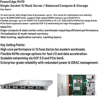 China PowerEdge R470 1U Rack Server with Xeon 6 E-core CPU, 16 DDR5 DIMM Slots, and Up to 10 x 2.5-inch SATA/NVMe Drive Bays for sale