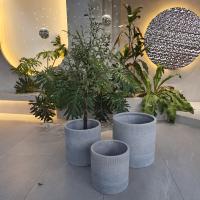China Quangui Fiber Clay Planter Hand Carved Round D450 H450 with Drainage Holes for sale
