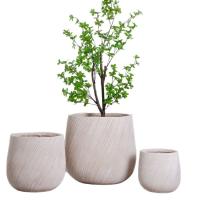 China Diagonal Lines Pattern Neutral Beige Round Fiber Clay Planter Weatherproof for sale