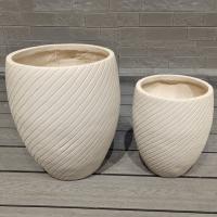 China Cylindrical Shape Neutral Beige Fiber Clay Planter Evenly Spaced Ridges Pattern for sale