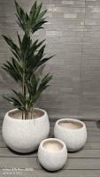 China Neutral Beige Fiber Clay Planter Round Lightweight Stone Mimic Design 3 Sizes Custom Color for sale