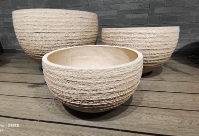 China Round Fiber Clay Planter Natural Rustic Style Light Beige Striped Layered Effect for sale