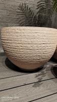China Round Fiber Clay Planter Natural Rustic Style Light Beige Striped Layered Effect for sale