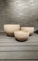 China Round Fiber Clay Planter Natural Rustic Style Light Beige Striped Layered Effect for sale