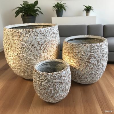 China Monstera Leaf Design Pattern Grey Round GRC Pot Rooftop Gardens Landscaping Project for sale