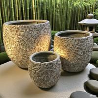 China Monstera Leaf Design Pattern Grey Round GRC Pot Rooftop Gardens Landscaping Project for sale