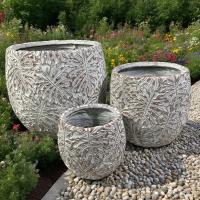 China Monstera Leaf Design Pattern Grey Round GRC Pot Rooftop Gardens Landscaping Project for sale