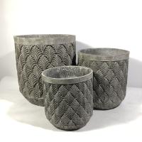 China Repetitive Palm Leaf Pattern Grey Round Fiber Cement Planter Durable Low-maintainence Pot for sale