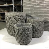 China Repetitive Palm Leaf Pattern Grey Round Fiber Cement Planter Durable Low-maintainence Pot for sale