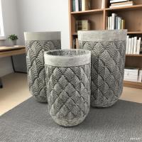 China GRC Pot Grey Cylindrical Repetitive Palm Leaf Pattern Low-maintainence Office Decoration for sale