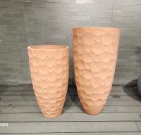 China Fiber Clay Planter Terracotta Tone Round with Rounded Tiles 3 Sizes Custom Color for sale