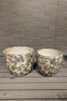 China Fiber Clay Planter Round Natural Stone Texture 2 Sizes Custom Color Hand Carved for sale