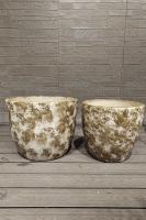 China Fiber Clay Planter Round Natural Stone Texture 2 Sizes Custom Color Hand Carved for sale