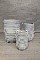 China Light Grey Round Fiber Clay Planter 3 Sizes Hand Carved Durable Indoor Outdoor Decoration for sale