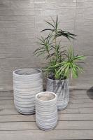 China Light Grey Round Fiber Clay Planter 3 Sizes Hand Carved Durable Indoor Outdoor Decoration for sale