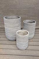 China Light Grey Round Fiber Clay Planter 3 Sizes Hand Carved Durable Indoor Outdoor Decoration for sale