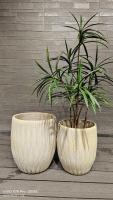 China Pair Of Chic Lemon Yellow Tones Vertical Patterns Round Fiber Clay Planter for sale
