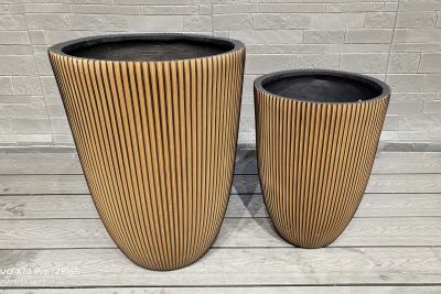 China Fiber Clay Planter Tall Golden Brown Stripe Round Office Decoration 2 Sizes for sale