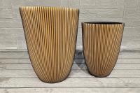 China Fiber Clay Planter Tall Golden Brown Stripe Round Office Decoration 2 Sizes for sale