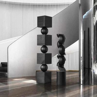 China Modern Black Contemporary Sculpture CNC Carved Hotel Geometric Abstract Wood Sculpture for sale