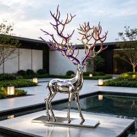China Iridescent Antlers Animal Sculptures Metal Sika Stainless Steel Deer Sculpture for sale