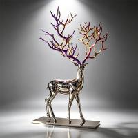 China Iridescent Antlers Animal Sculptures Metal Sika Stainless Steel Deer Sculpture for sale
