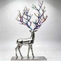 China Iridescent Antlers Animal Sculptures Metal Sika Stainless Steel Deer Sculpture for sale
