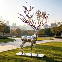 China Iridescent Antlers Animal Sculptures Metal Sika Stainless Steel Deer Sculpture for sale