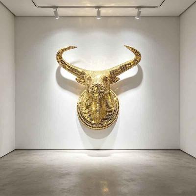 China Mosaic Wall Art Sculptures Custom Fiberglass Bull Head Wall Sculpture Mirror Finish for sale