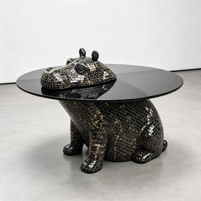 China Mosaic Art Tables Seated Black Glass Top Hippo Coffee Table for sale